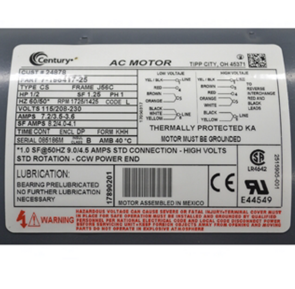Century 1/2 HP 115-208/230V AC Motor 1Ph 50/60 Hz Replaces 2130P-A055 ...